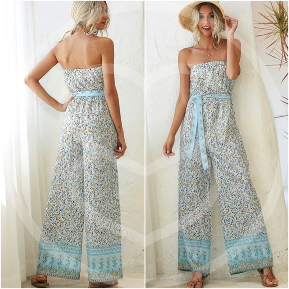 Pants & Jumpsuits | Boho Chic Floral Print Off Shoulder Jumpsu | Poshmark